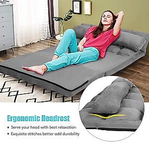 S AFSTAR Safstar Floor Folding Couch and Futon Sofa, 6-Position Fabric Sleeper Sofa Bed with 2 Pillows and Sponge Filling, Adjustable Lazy Sofa for Living Room and Bedroom(Gray)
