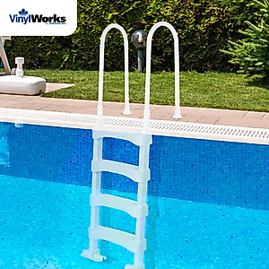Vinyl Works Heavy Duty Anti Slip Plastic Step Ladder for Above Ground or In Ground Swimming Pools with Ergonomic Aluminum Handrails, White