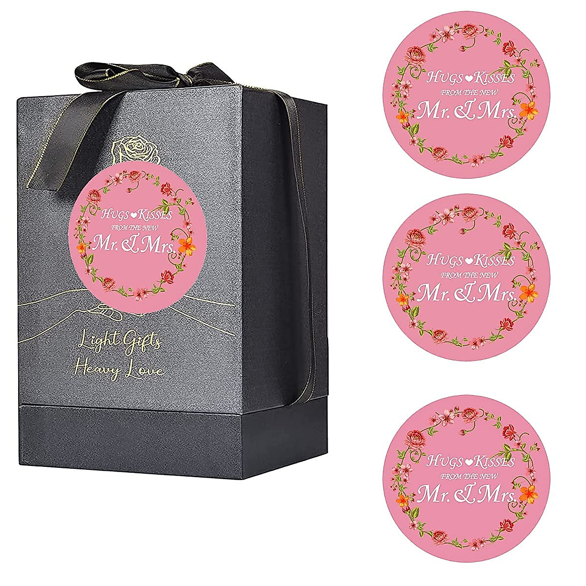 210PCS Hugs and Kisses from The New Mr and Mrs Stickers,2 Inch Round Pink Floral Party Wedding Craft Labels for Wedding Favour, Gift Bags,Envelopes and Candy Cookie Package