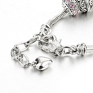 Long Way Silver Tone Chain Pink Crystal Love Heart Bead Glass Charm Bracelet With Extender 7.5"+1.5" … (201)