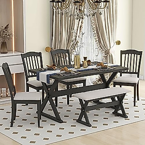 HAUSHECK Rectangular Table with X-Frame Legs, Upholstered Bench & Chair with Hollowed Backrests, Padded Cushion, Modern Rustic Style Home Furniture, Kitchen & Dining Room Sets for 6, Gray