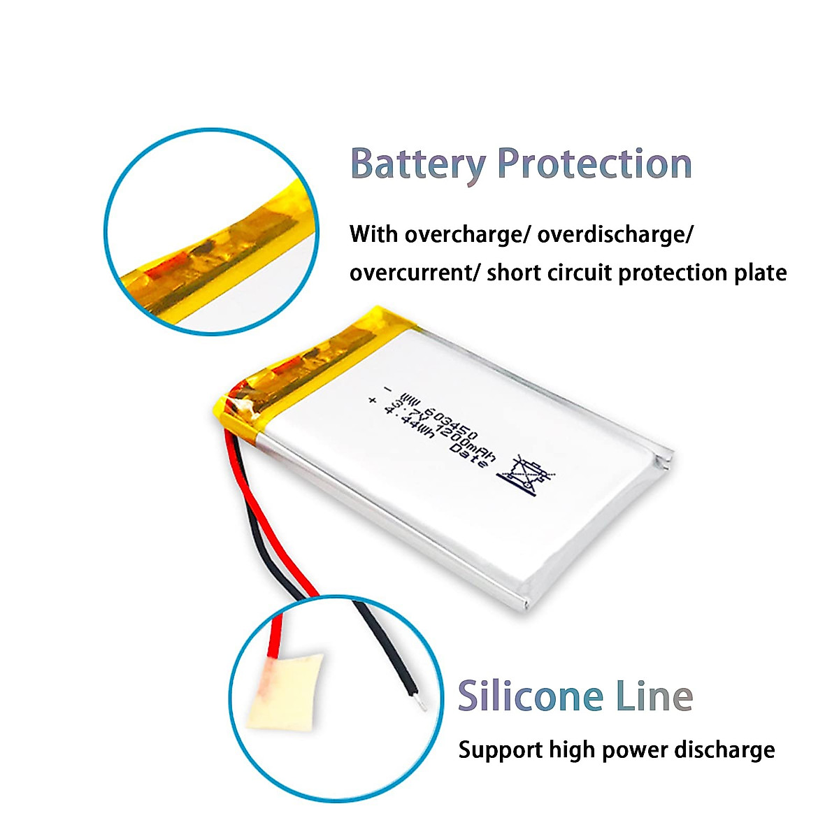 FREEDOH 1200mAh Lithium Battery 3.7V 1.2AH Rechargeable Lithium Polymer ion Battery 603450 Home Backup Polymer Batteries with Protection Board (2pcs)