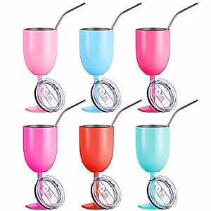 Gerrii 6 Pcs Stainless Steel Wine Glasses Cups Stemmed Double Walled Vacuum Insulated Wine Tumbler with Lid and Straw for Camping Picnics Travel, Birthday Gifts for Friendship Friends Dad Mom