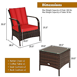 HAPPYGRILL 3-Piece Patio Conversation Set Outdoor Rattan Wicker Furniture Set with Coffee Table, PE Wicker Sofa Set with Soft Cushion & Back Pillow for Patio Garden Poolside