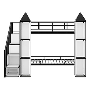 BOVZA Castle Shaped Bunk Bed with Wardrobe and Multiple Storage, Twin Over Twin Metal Bunk Bed Frame with Storage Staircase and Guardrails for Kids Boys Girls Teens, Black+White