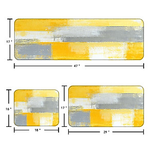 Lnond Kitchen Mat Set of 3 with Dish Drying Mat, Yellow Washable Cushioned Kitchen Rugs and Mats, Rubber Non Skid Kitchen Mats for Floor for Kitchen Laundry Room Front of Sink