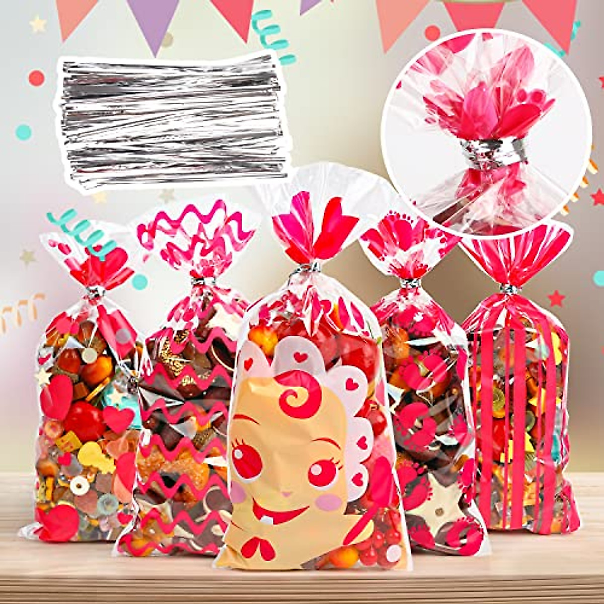 SULOLI Baby Shower Cellophane Bags,120pcs Pink Candy Goodie Bags Gender Reveal Treat Bags with 150 Twist for Baby Shower Party Favor supplies