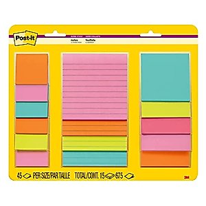 Post-it Super Sticky Notes, Assorted Sticky Notes Sizes, 15 Sticky Note Pads, 2x the Sticking Power, Supernova Neons Collection, Neon Colors, Recyclable Sticky Notes (4423-15SSMIA)