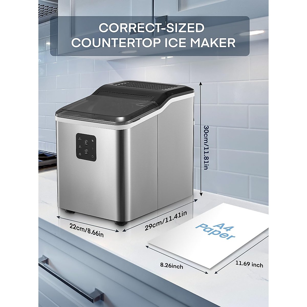 Countertop Ice Maker Machine 𝑺𝒕𝒂𝒊𝒏𝒍𝒆𝒔𝒔 𝑺𝒕𝒆𝒆𝒍, 9 Bullet Ice in 6 Mins, 𝟑𝟎𝒍𝒃𝒔 24h, Self-Clean, 2 Ice Sizes, LCD Display, Portable Ice Maker w/Ice Scoop & Basket, Home/Kitchen/Office