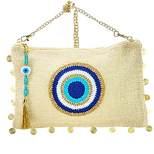 KarensLine Handmade Women Clutch Bag Jute Purse Zipper Closure Chain Strap Off-White Gold