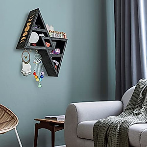 Crystal Shelf Display with Hooks - Black Moon Phase Triangle Shelf for witchy room decor - Moon shelf for Aesthetic shelves room decor, crystal organizer shelf for Living Room , Bed Room ,Bath Room