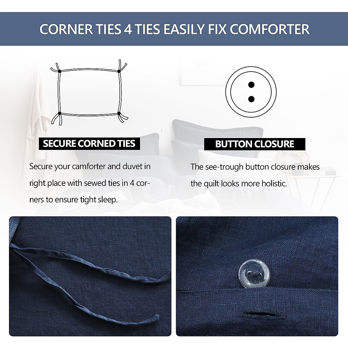 S VICTORY SYMBOL 100% Organic Linen Duvet Cover Set Queen Size,Natural French Linen Bedding Set with Stone Washed,Comforter Cover with Button Closure(Navy) Soft,Breathable