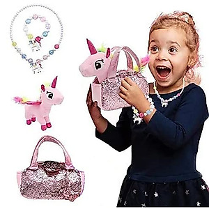 PASSIONFRUIT Unicorn Stuffed Plush Animal Toy Set with Purse Necklace & Bracelet - Plush Unicorns Birthday Gifts for Girls - Unique Rainbow Unicorn Stuffed Pet for Age 3 4 5 6 7 yrs. (Pink)