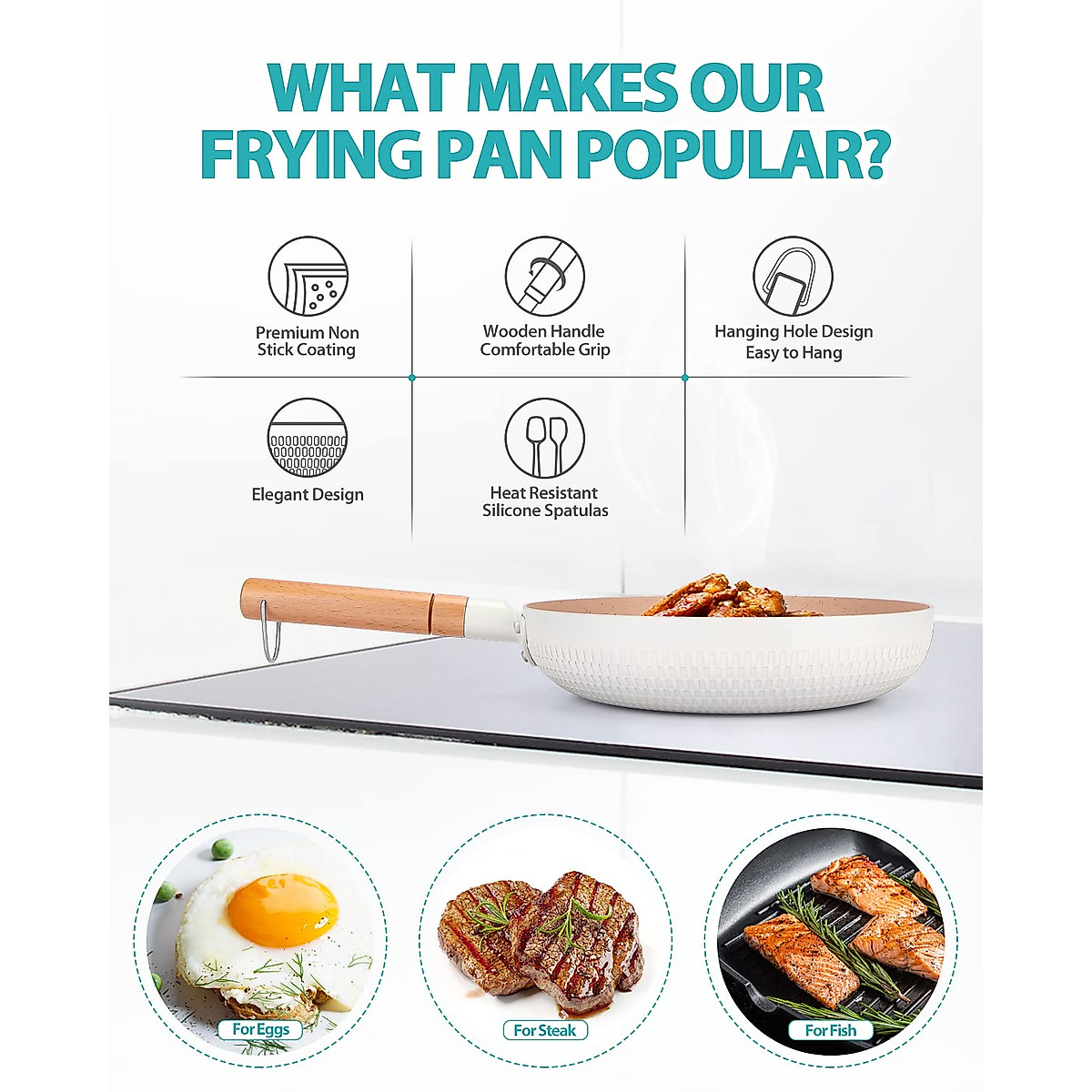 BUNDLEPRO Nonstick Frying Pan, Granite Coating Skillet with Wooden Handle, 9.4'' Induction Compatible White Aluminum Cookware for Cooking Fish, Egg, Chicken, Steak,Vegetables