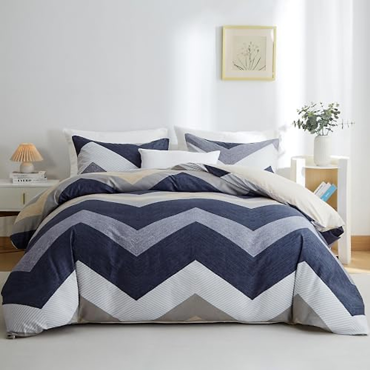 BOLINLIVING Duvet Cover Queen Size Set, Soft Comforter Cover, Bedding Duvet Cover with Zipper Closure 4 Ties,1 Duvet Cover with 2 Pillow Shams（Wavy Stripes-Q）…