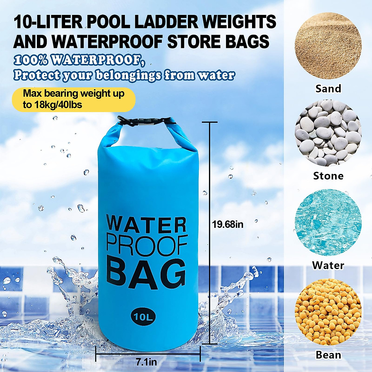 KITCHSTAR Pool Step Weights, Pool Ladder Weights for Above Ground Pools, Waterproof Sand Bags for Pool Steps with Heavy-Duty Nylon & Handle, Work with Above Ground and in-Ground Pool Steps 10Lx2PCS