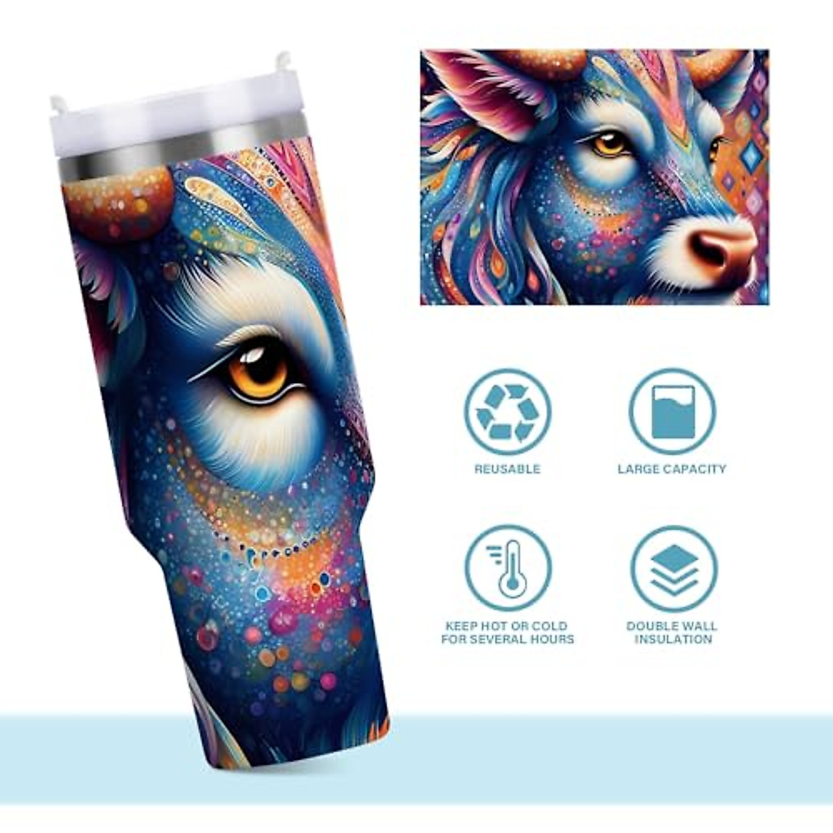 Nexawaveo Stainless Steel Tumbler with Handle and Straw Psychedelic Bull Colorful Dots Fits in Standard Cup Holder Iced Coffee Cups for Smoothie Cocktail Beer Soda Fruit Juice