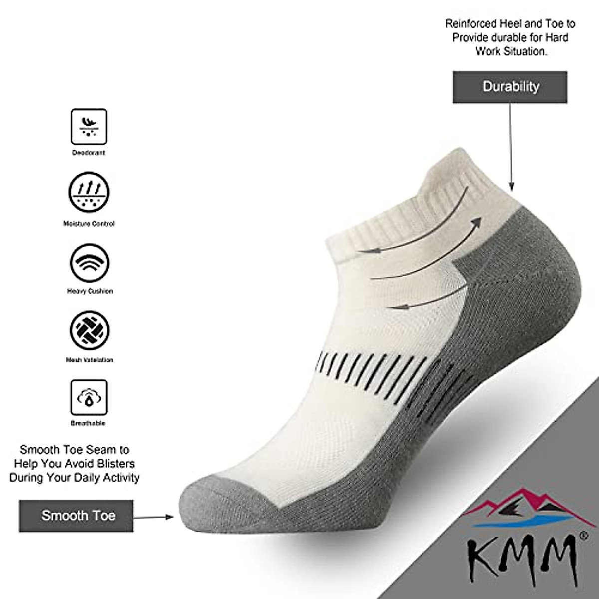KMM Men's Merino Wool No Show Ankle Socks with Cushion Low Tab Summer for Outdoor Hiking Golf Loafer Sneaker Trail Running(White L)