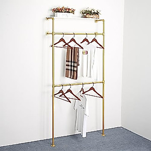 OUBITO Industrial Pipe Clothing Rack,Commercial Grade Pipe Clothes Racks,Heavy Duty Wall Mounted Closet Storage Rack,Hanging Clothes Retail Display Rack Garment rack,Gold 1 Board With Crossbar
