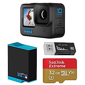 GoPro HERO10 Black, Waterproof Action Camera, 5.3K60/4K Video, 1080p Live Streaming, Essential Bundle with Extra Battery, 32GB microSD Card, Card Reader
