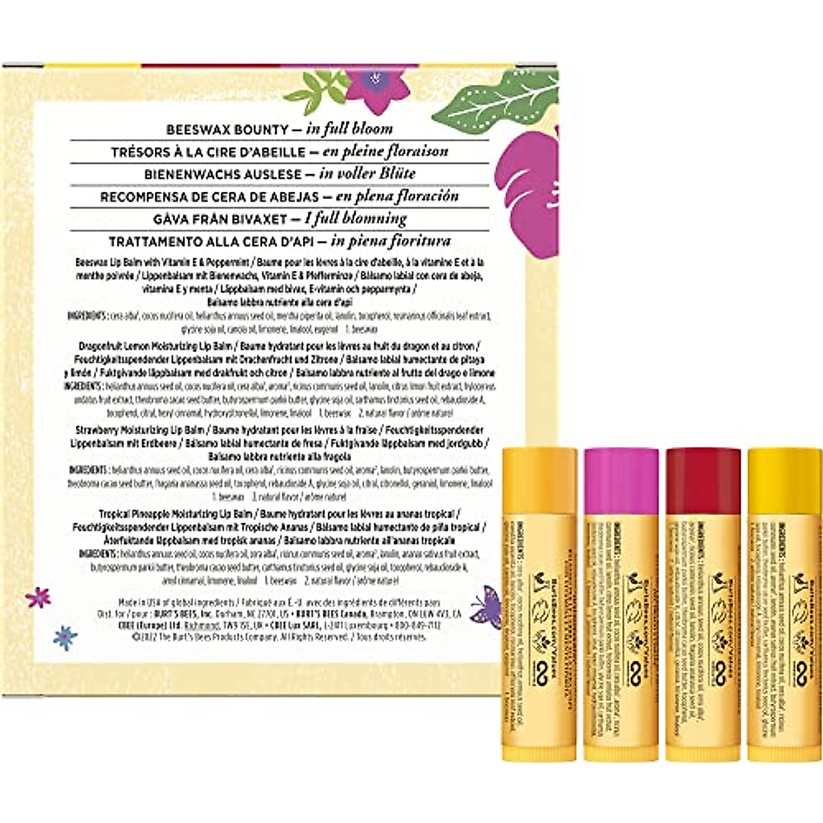 Burt's Bees Gifts, 4 Lip Balm Products, In Full Bloom Set - Original Beeswax, Dragonfruit Lemon, Tropical Pineapple & Strawberry (4 Pack)