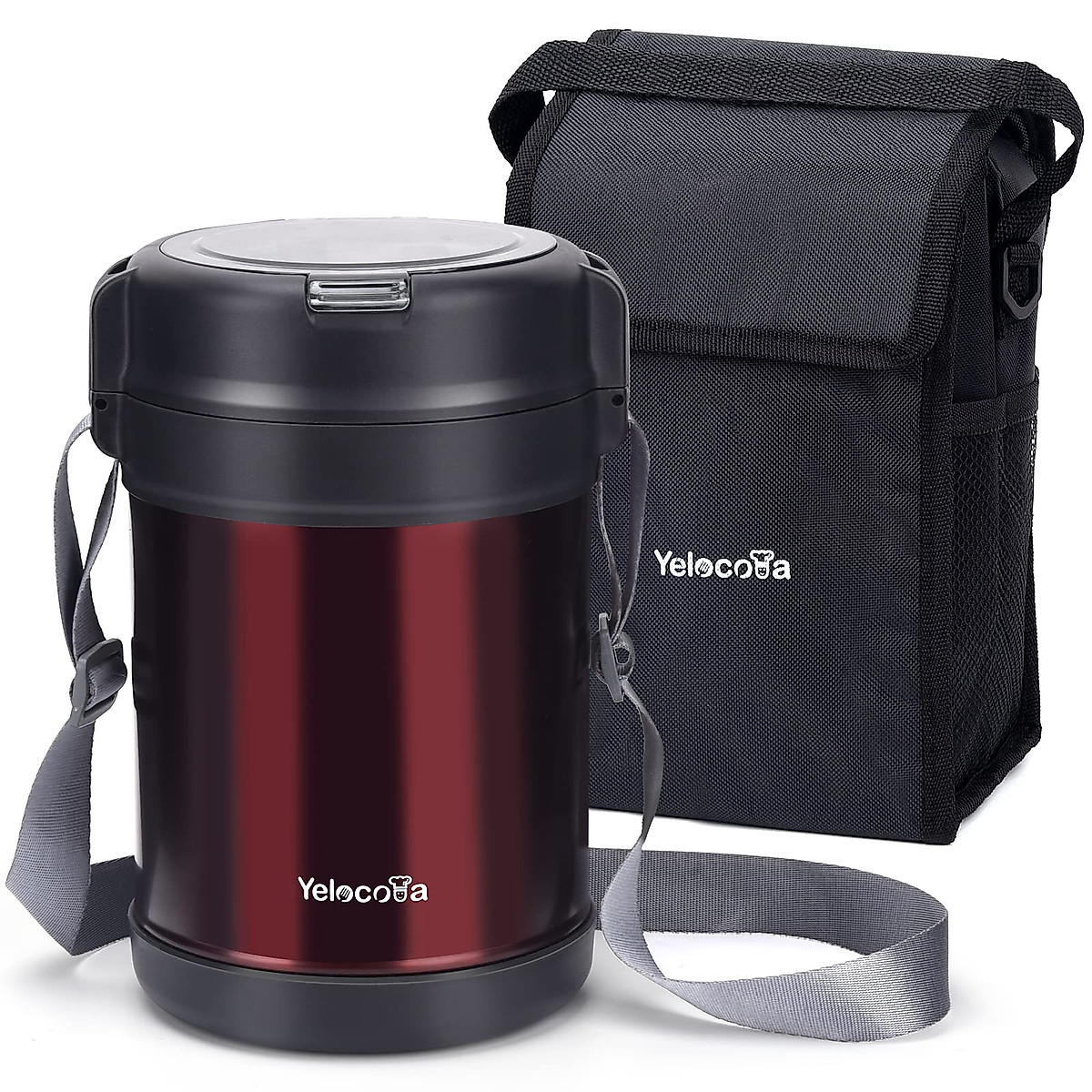 Yelocota Thermos for Hot Food- 67 Oz Vacuum Insulated Food Jar- 18/10 Stainless Steel Soup Container- 3-Layer Sealed Stackable Termos Para Comida Caliente with Lunch Bag,Fork and Spoon