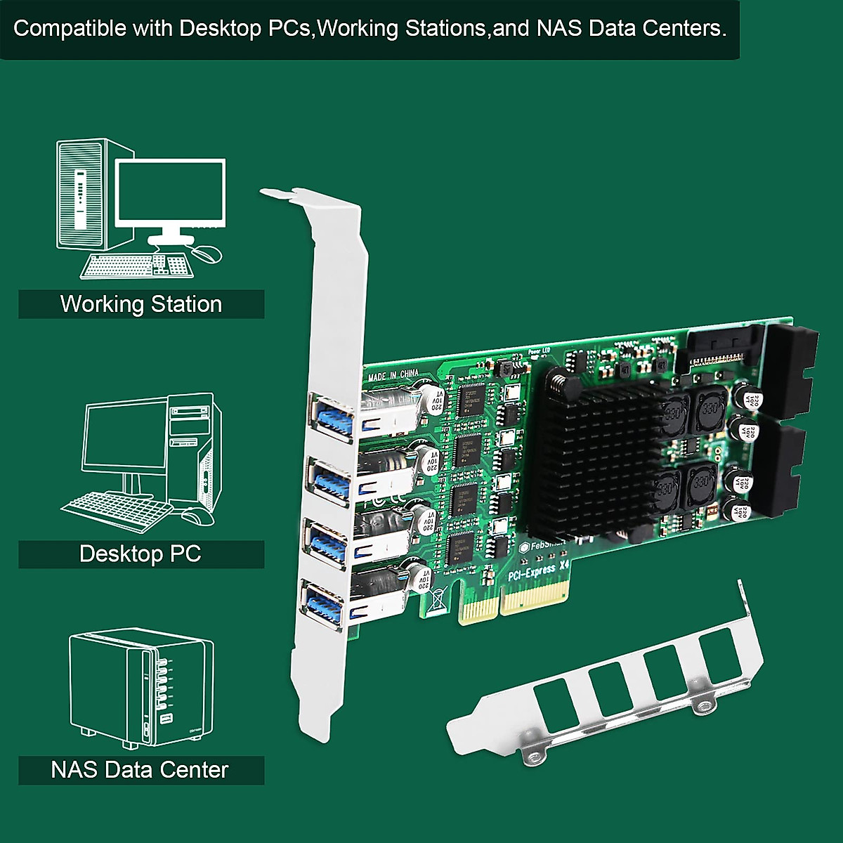 FebSmart 8-Ports PCIE Superspeed 5Gbps USB 3.0 Card for Windows and Linux Desktop PCs, 4X Dedicated 5Gbps USB 3.0 Channel 20Gbps Bandwidth, Built in FebSmart Self-Powered Technology (FS-4C-U8S-Pro)