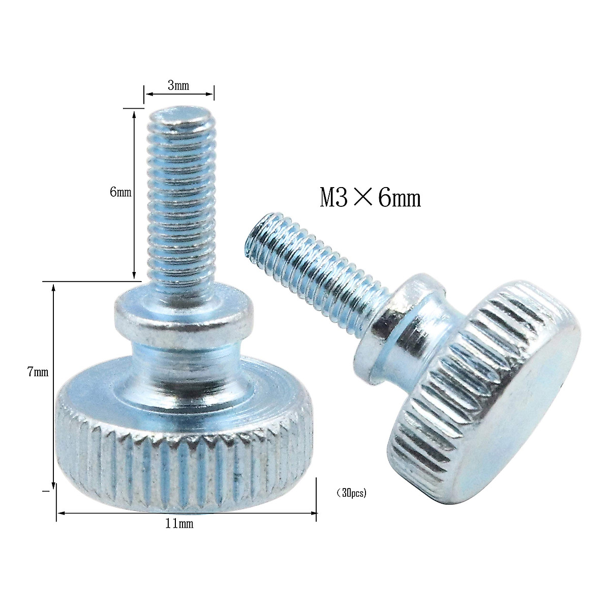 LBY 30pcs Knurled Hand Screw, M3 x 6mm Flat Knurled Head Fully Threaded Thumb Screws(Double Layer Step), Carbon Steel Galvanize