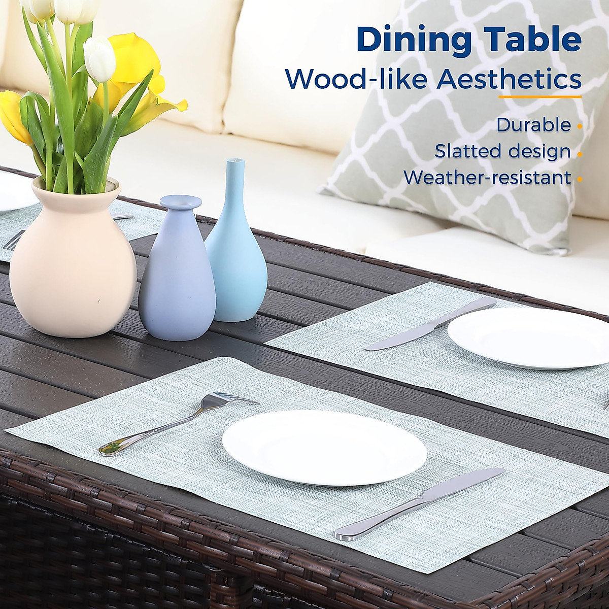 Wisteria Lane Patio Furniture Set, 7 Piece Outdoor Dining Sectional Sofa with Dining Table and Chair, All Weather Wicker Conversation Set with Ottoman, Ivory