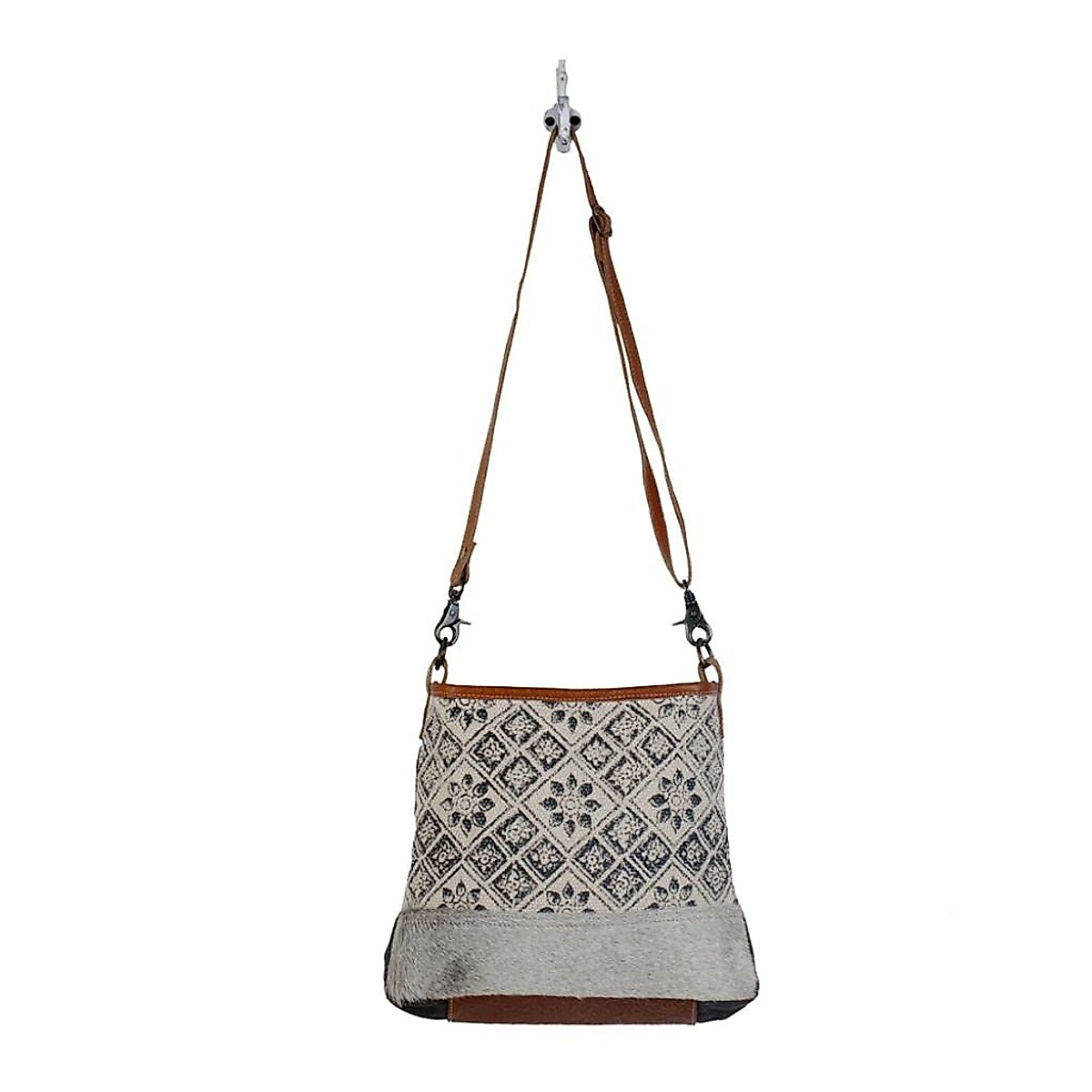 Myra Bag Tessellated Shoulder Bag Upcycled Cotton & Cowhide Leather S-2861
