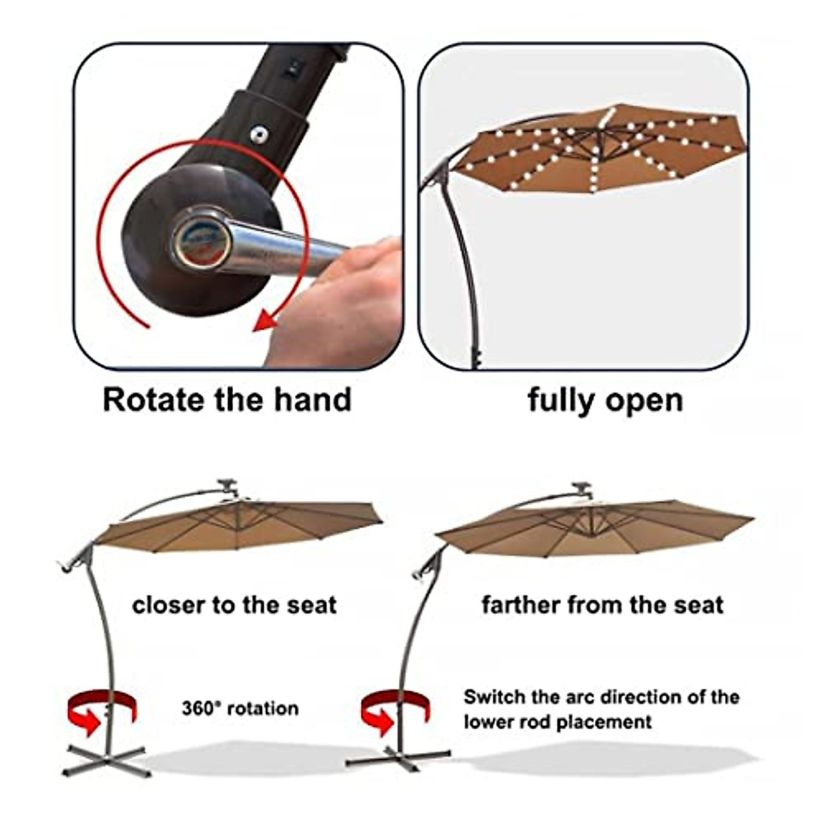 ZJDU Solar Patio Umbrellas,Solar LED Offset Patio Umbrella,Led Lighted Outdoor Table Market Umbrella, with Push Button Tilt/Crank,8 Ribs, for Garden, Lawn, Deck, Backyard & Pool,Brown,2.7m