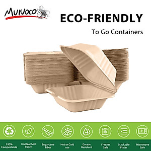 MURUOCO, 200-PACK 100% Compostable Clamshell Take Out Food Containers- Heavy-Duty Quality to go boxes, Microwave-Safe, Made of Sugar Cane Fibers- 9x9 3-compartment