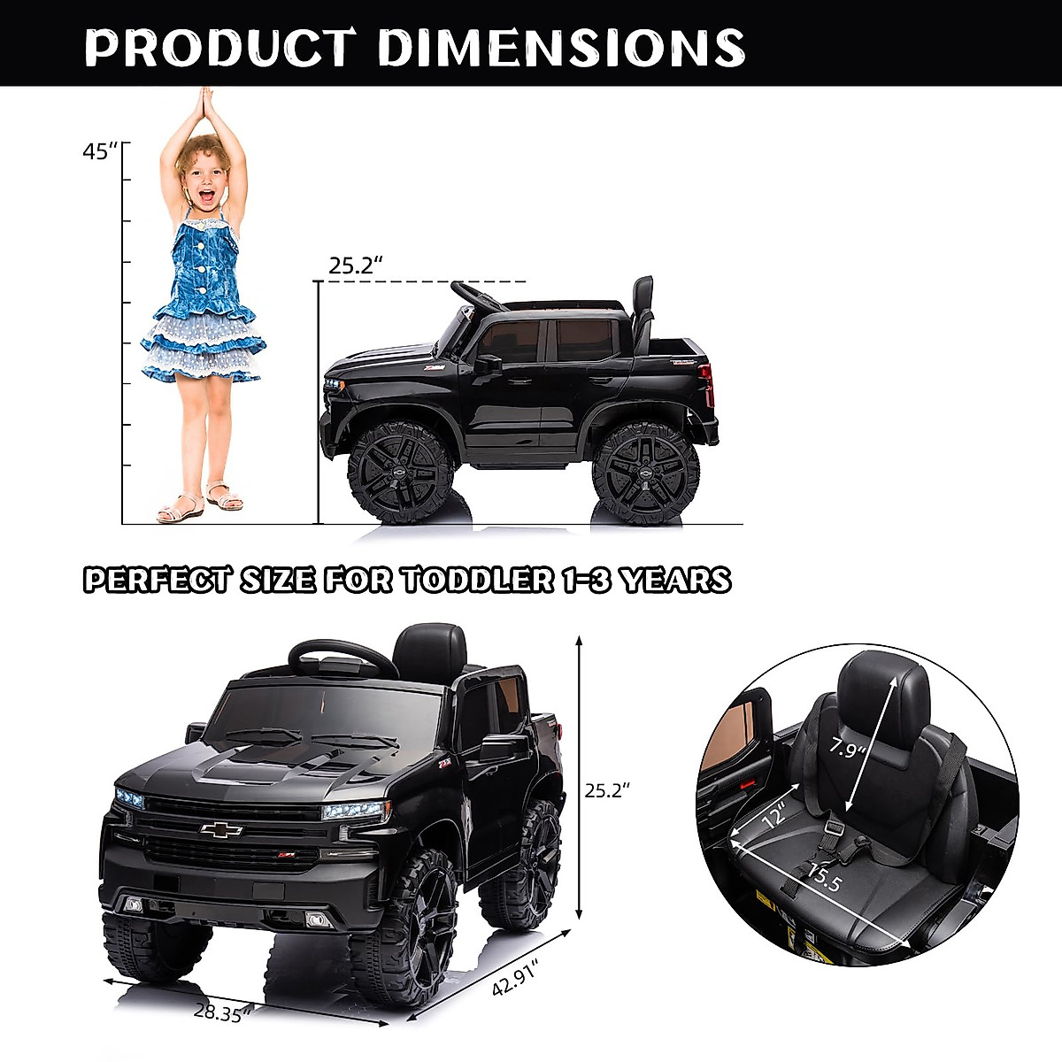 Bopilon 12V Electric Car for Kids,Licensed Chevy Silverado Truck Kids Ride On Car with Remote Control Battery Powered Electric Vehicle Toy Car, 4-Wheeler Suspension, Music& Lights, 3 Speeds(Black)
