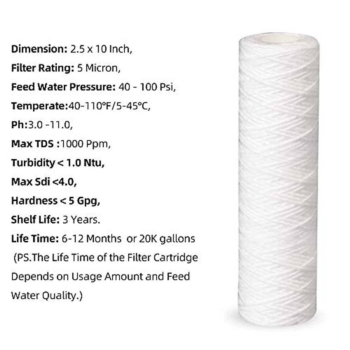 Geekpure 10 Inch PP Wound String Spun Sediment Replacement Filter for Reverse Osmosis System- 2.5" x 10"-5 Micron-4 Pack