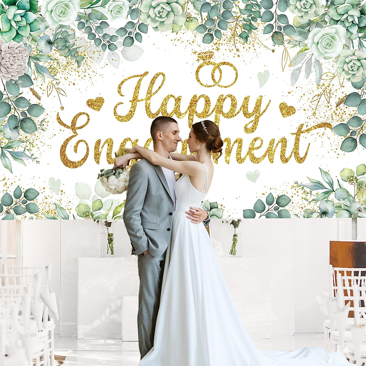 Eucalyptus Engagement Party Decoration, Green Happy Engagement Banner Sage Green Just Engaged Banner Green Engagement Backdrop Just Married Decorations Kit for Couple Engagement Party Bridal Shower