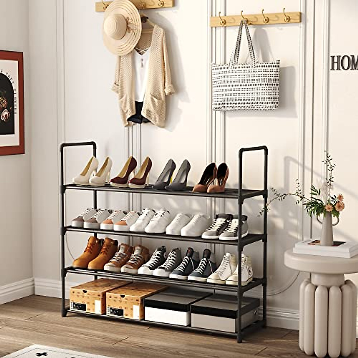 HOMEFORT 4-Tier Shoe Rack, Metal Shoe Tower,20 Pairs Shoe Storage Shelf, Entryway Stackable Shoes Organizer with 4 Tiers Metal Shelves, For Closet, Hallway, Entryway, Black