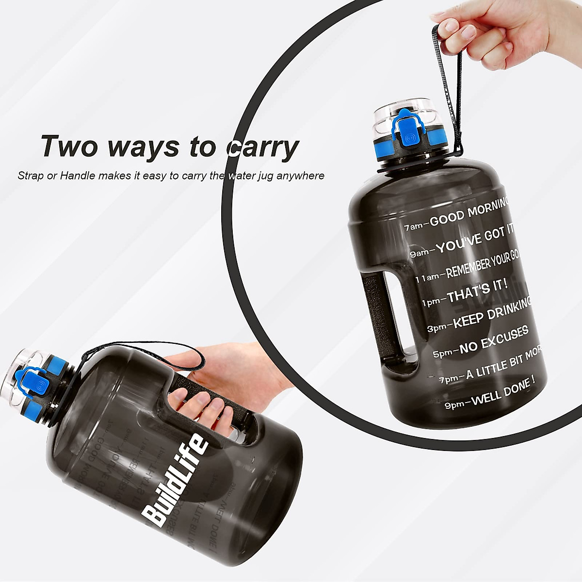 BuildLife Gallon Water Bottles with Times to Drink - Gallon Water Jug - 1 Gallon Water Bottle–128 oz Water Bottle,One Gallon Water Bottle with Time Marke for Gym(Black, 1 Gallon)