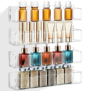 GTJ Acrylic Shelves, 4-Pack Spice Rack Wall Mount, Clear Book Shelves for Wall, Spice Organization, Vinyl Wall Mount, Cabinet, Pantry Door, Kitchen, Bedroom, Self-Adhesive and Drilling