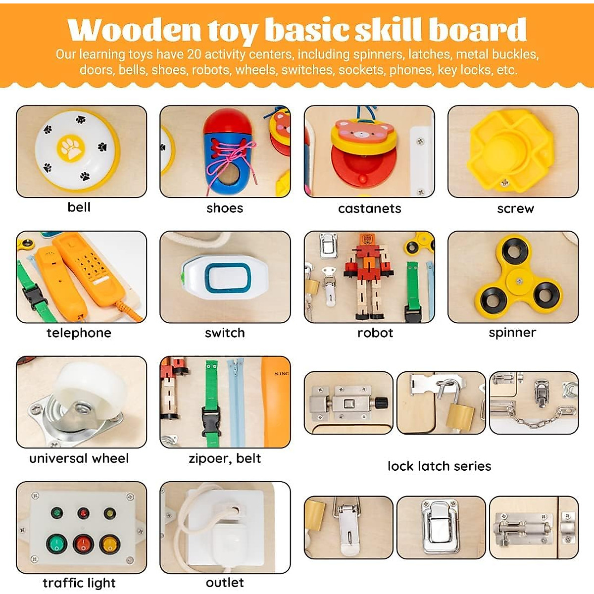Montessori Busy Board for Toddlers- Learn to Dress Toys for 1 2 3 4 Year Old Kids - Learning Toy for Airplane or Car Travel-20-in-1 Yellow