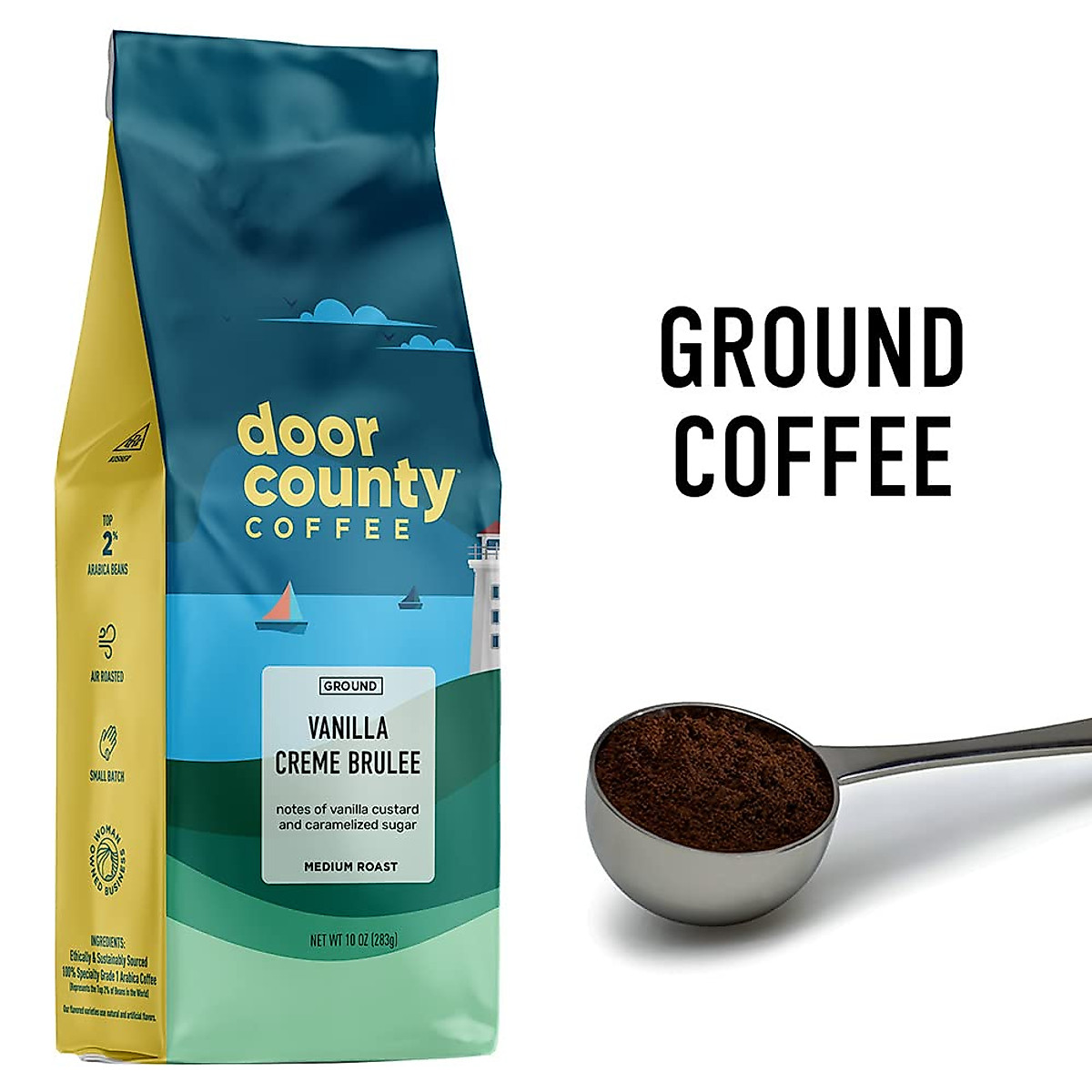 Door County Coffee Vanilla Creme Brulee Flavored Coffee |10oz Bag | Ground Coffee Medium Roast |100% Arabica Coffee | Vanilla Creme Brulee