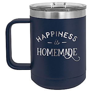 HAPPINESS IS HOMEMADE Navy 15 oz Coffee Cup w/Slide Top Lid | Insulated Travel Coffee Mug | Unique Gift Ideas From Women or Men | Compare Price To Yeti Rambler