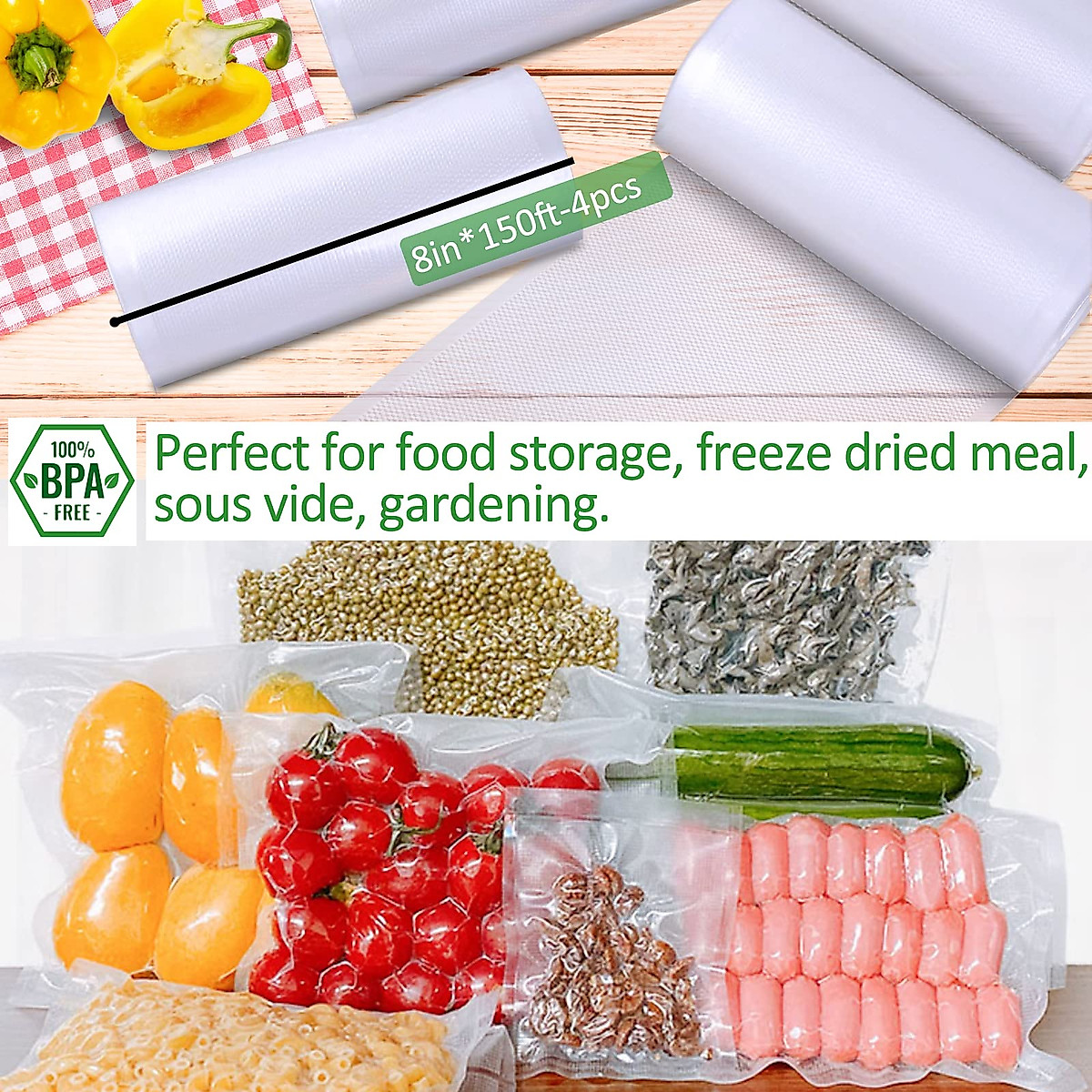 Vacuum Sealer Bags Roll 4 Pcs 8" x 150' Rolls (Total 600 feet) Vac Seal Bags for Food Saver Storage, Meal Saver Freezer Vacuum Sealer Bags, Sous Vide Bags Vacuum Sealer, Non-BPA Vacuum Sealer Bags