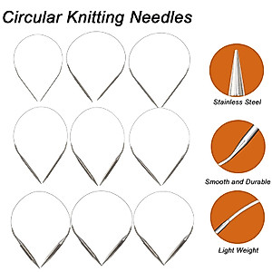 9 Pieces Size Marked US 0-15 Circular Knitting Needles Stainless Steel Knitting Needles Set for Beginner (16 Inch)