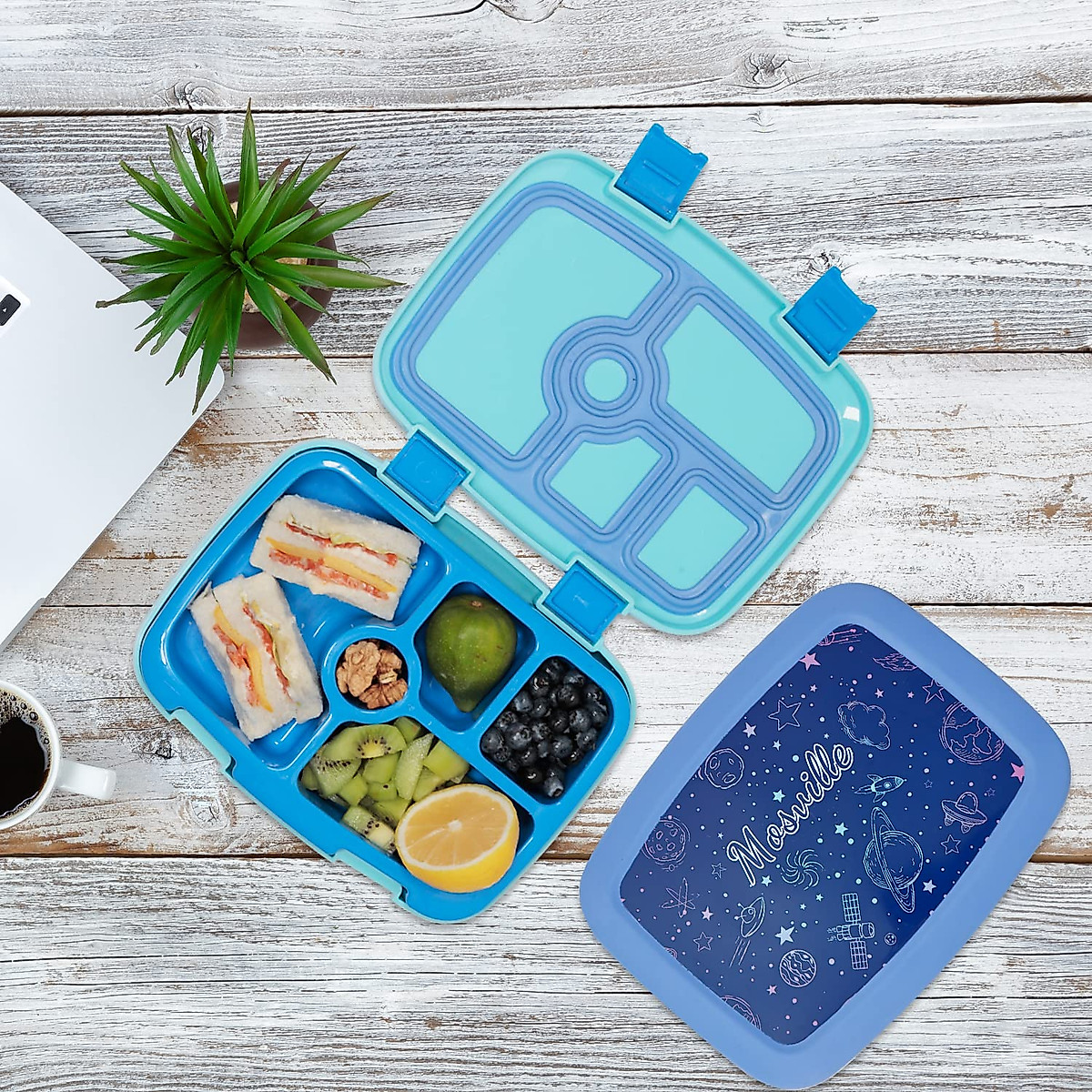Space Prints Bento Box for Kids, Removable 5 Compartments Portion Size Leakproof Bento Lunch Box for Boys Girls Meal Prep Containers (Space)