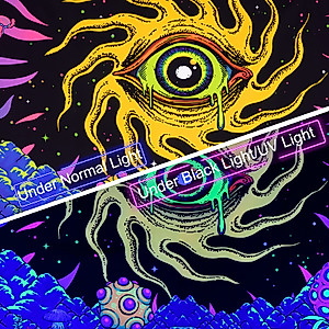 Uspring Blacklight Burning Sun Tapestry UV Reactive Sunset Mushroom Tapestry Hippie Eyes Tapestries Ocean Plant Tapestry Aesthetic Mountain Tapestry Wall Hanging for Bedroom(59.1 x 82.7 inches)
