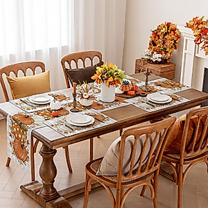 Romanstile Pumpkin Leaves Fall Table Runner, Buffalo Plaid Autumn Thanksgiving Harvest Farmhouse Style Table Decoration for Dining, Party, Holiday - 13x72 Inch, Grey Blue