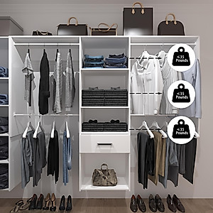 SOLRIG Wall Mounted Closet System, with Hanging Rod and All Hardware Kits, Large Garment Rack Shelves and One Drawer, Need to be Assembled, MDF with White Color for Bedroom and Closet