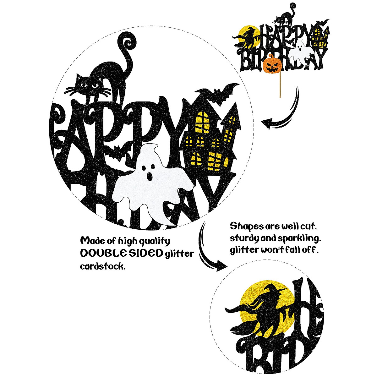 Halloween Cake Topper Glitter Halloween Birthday Cake Toppers Decorations for Boys Girls Spooky Cat Witch Ghost Castle Pumpkin Halloween Happy Birthday Party Decoration Supplies