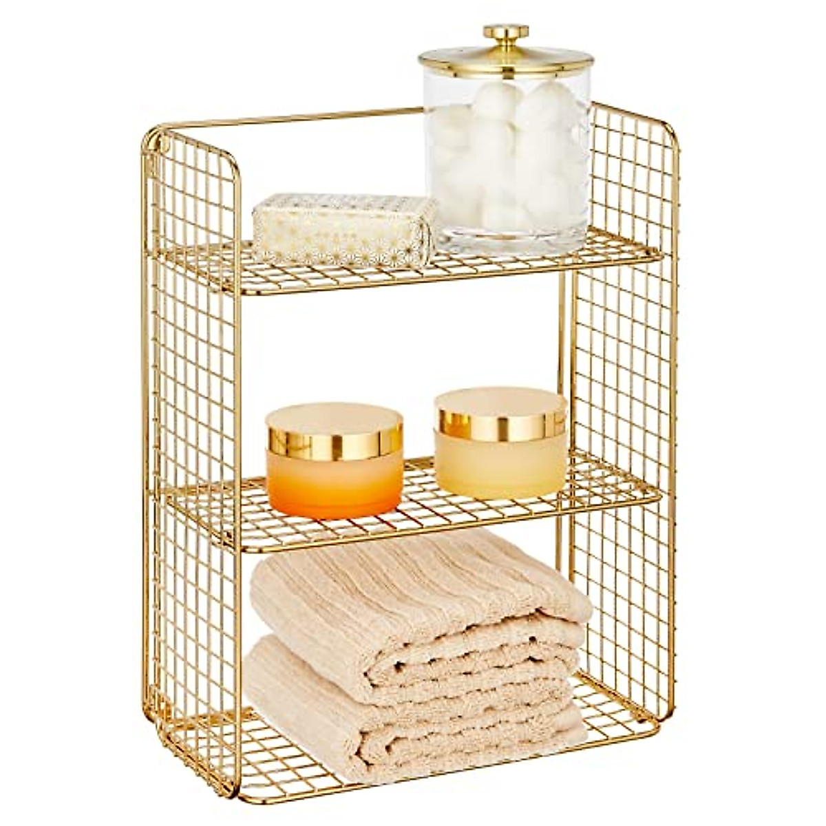 mDesign Metal Wire 3-Tier Hanging Shelf for Bathroom Storage - Wall Mounted Decorative Shelves - Floating Metal Bathroom Shelf Basket - Bathroom Wall Shelving - Concerto Collection - Soft Brass