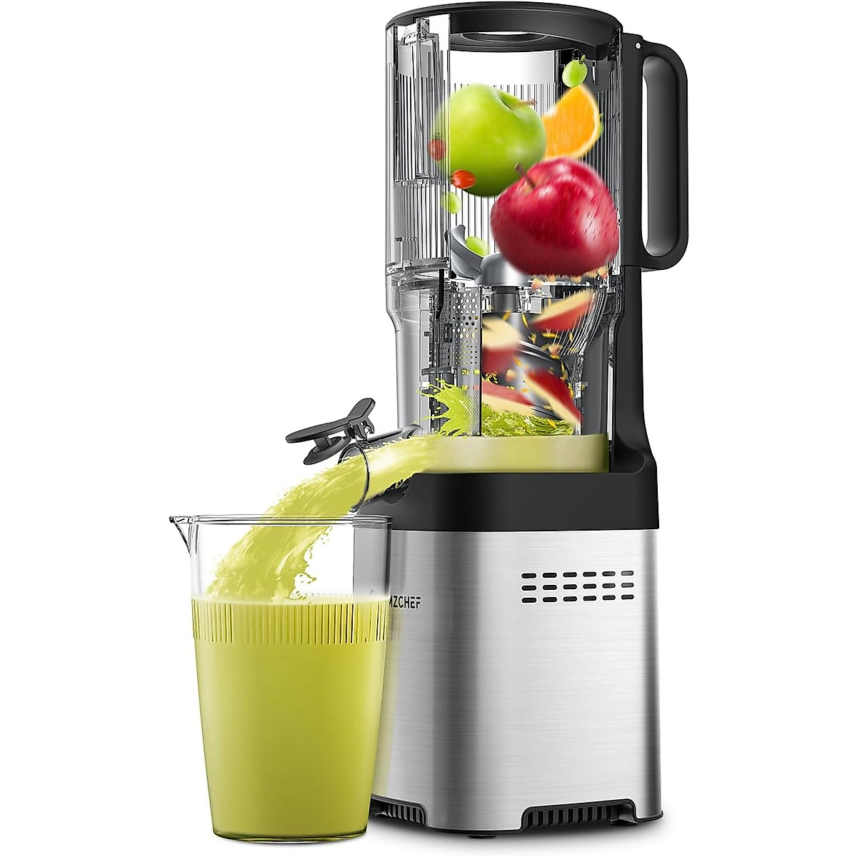 AMZCHEF Cold Press Juicer, Juicer Machines - 5.2" Large Feed Chute for Whole Fruits & Vegetables, Stainless Steel Slow Masticating Juicer Easy to Clean, Large Auger, Double Strainers, Silver